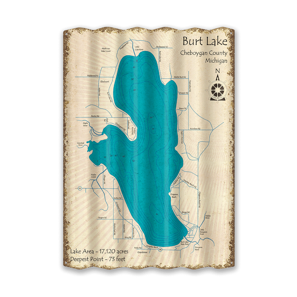 Burt Lake, Michigan- Corrugated Metal Wall Art – Old Wood Signs