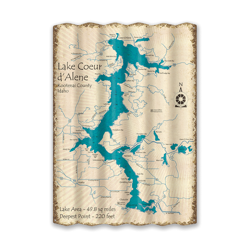 Lake Coeur d'Alene, Idaho - Corrugated Metal Wall Art – Old Wood Signs