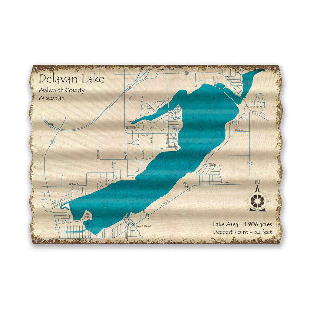 Delavan Lake, Wisconsin - Corrugated Metal Wall Art – Old Wood Signs