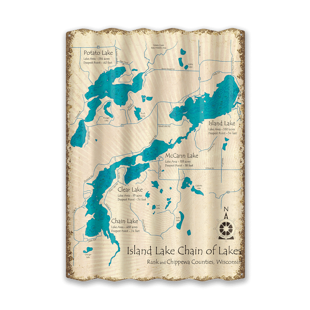 Island Lake Chain of Lakes, Wisconsin - Corrugated Metal Wall Art – Old ...