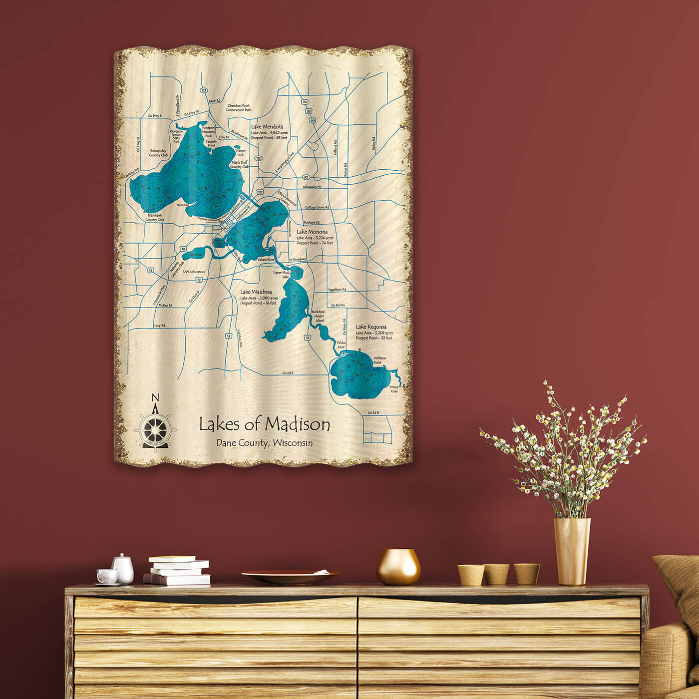 Lakes of Madison, Wisconsin - Corrugated Metal Wall Art – Old Wood Signs