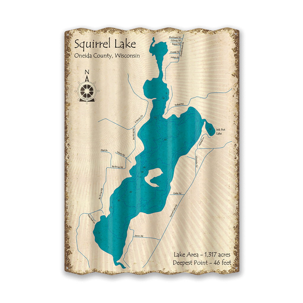 Squirrel Lake, Wisconsin - Corrugated Metal Wall Art – Old Wood Signs