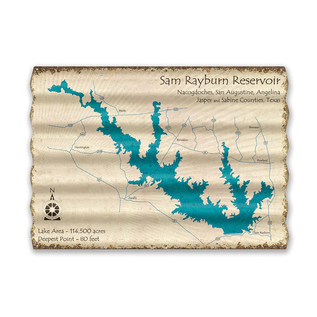 Sam Rayburn Reservoir, Texas - Corrugated Metal Wall Art – Old Wood Signs