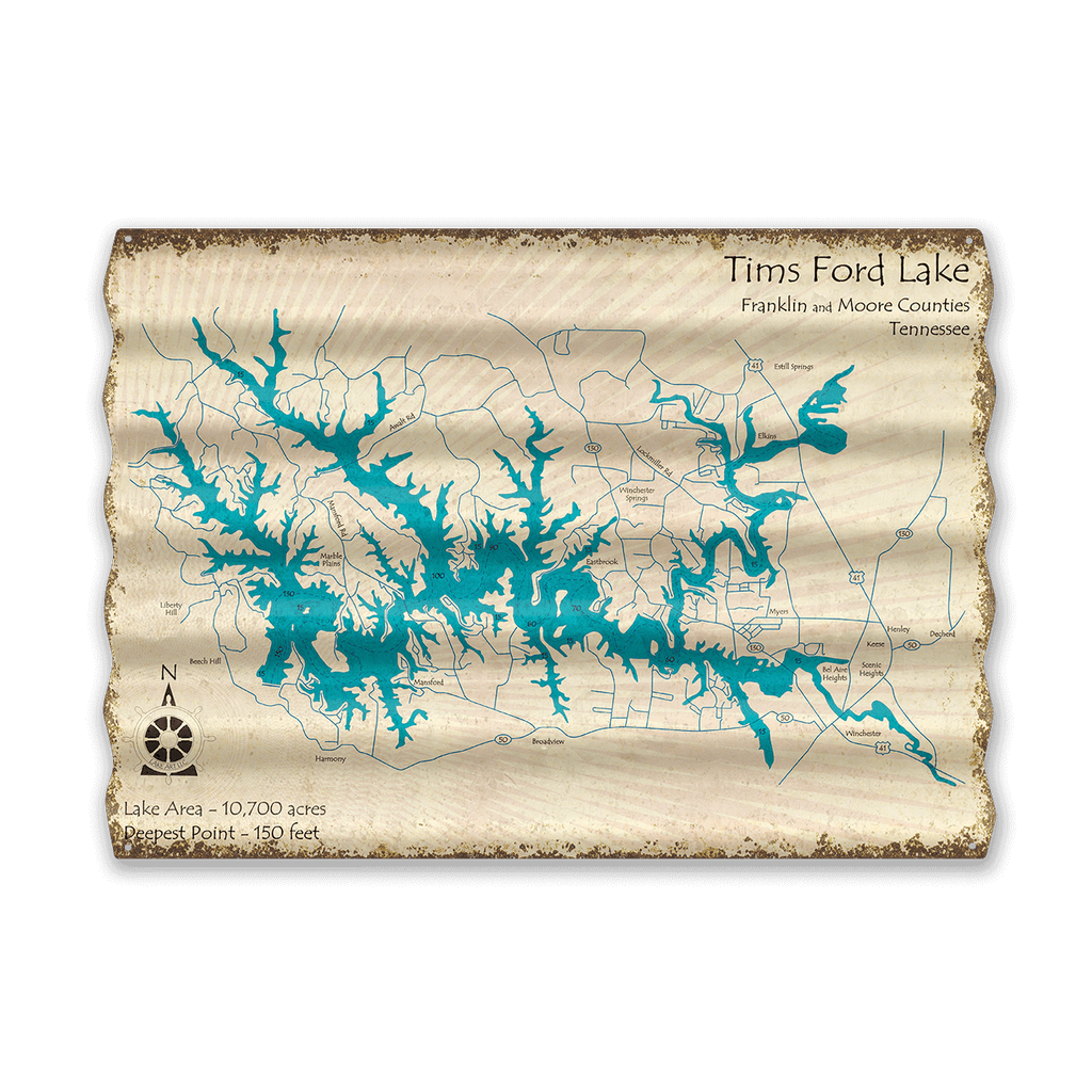 Tims Ford Lake, Tennessee - Corrugated Metal Wall Art – Old Wood Signs