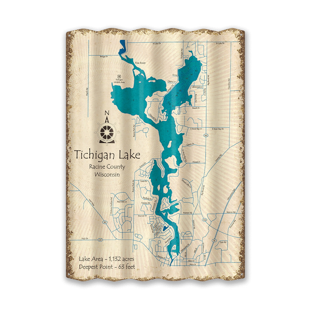 Tichigan Lake, Wisconsin - Corrugated Metal Wall Art – Old Wood Signs