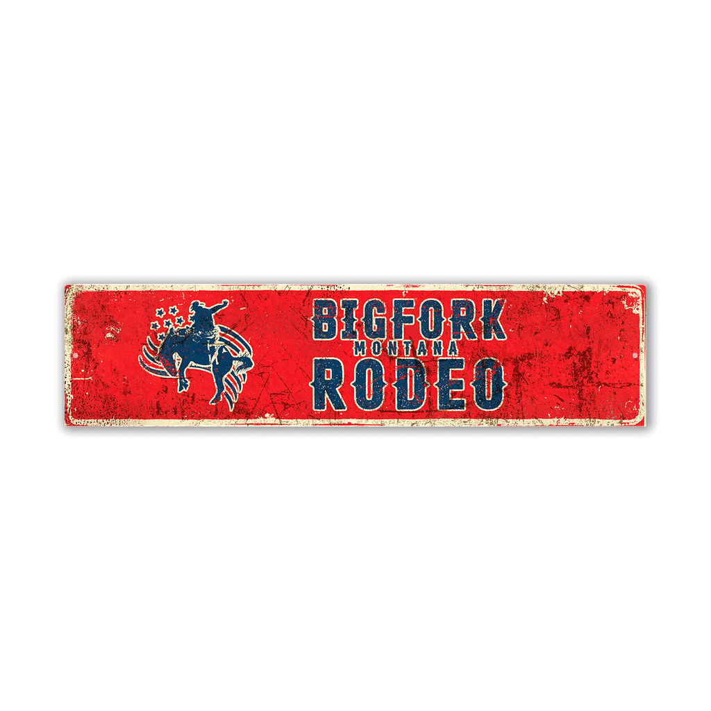 Bigfork Rodeo Logo: Red Background Blue Text - Wall Decor – Old Wood Signs