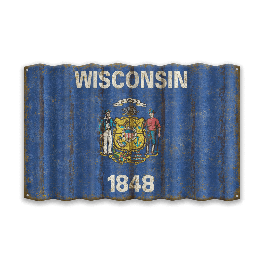 Wisconsin State Flag - Corrugated Metal Wall Art – Old Wood Signs