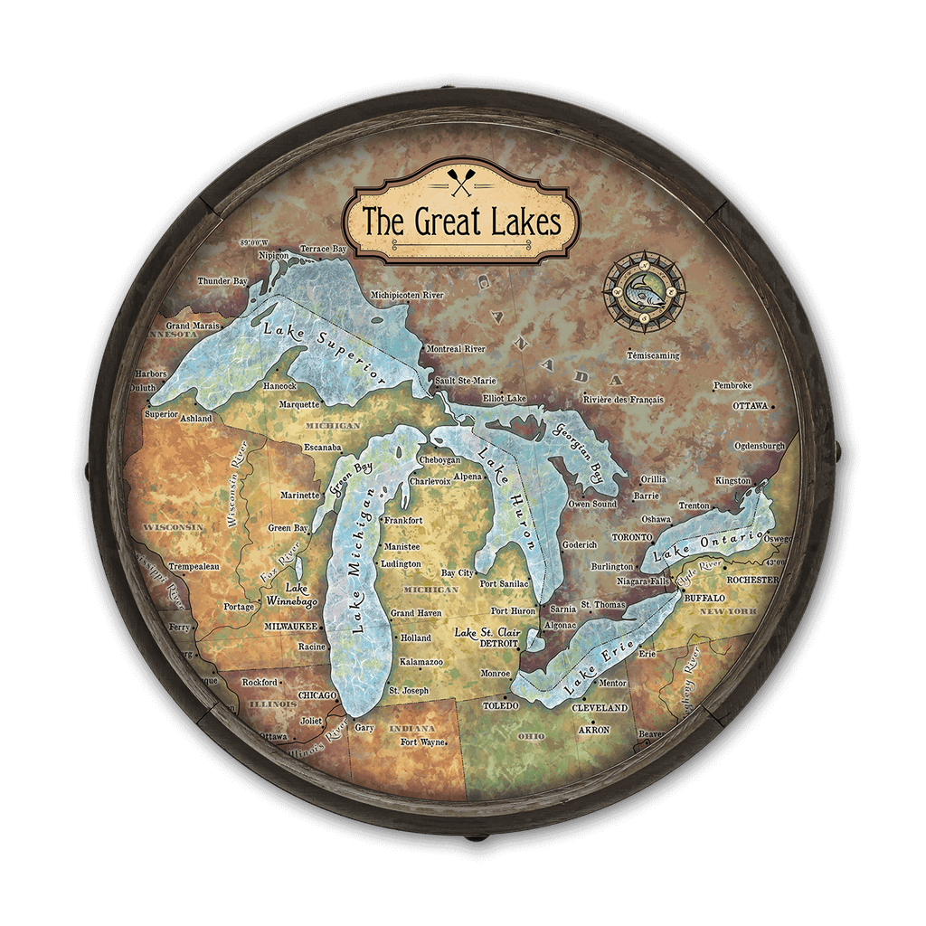 The Great Lakes: Illustrated Map - Barrel End Wall Art – Old Wood Signs