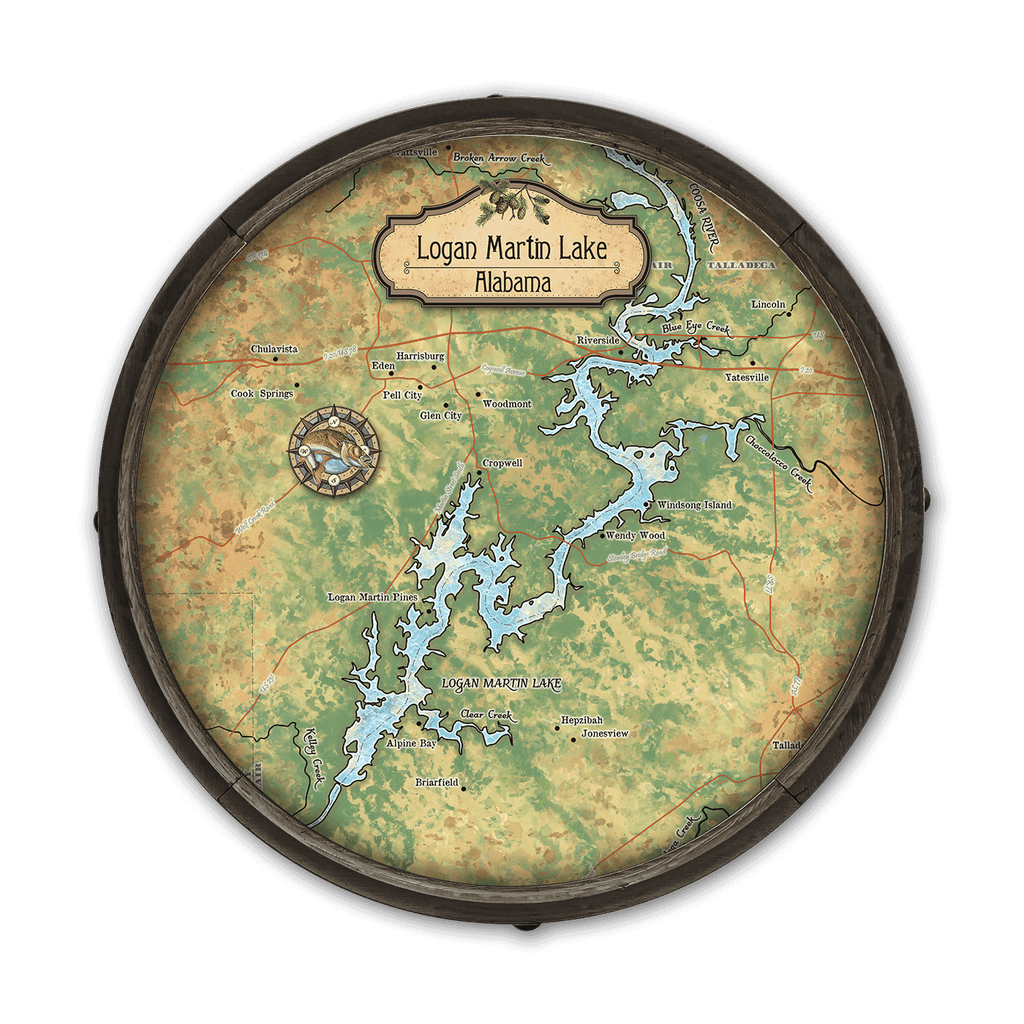 Logan Martin Lake, Alabama: Illustrated Map - Barrel End Wall Art – Old ...