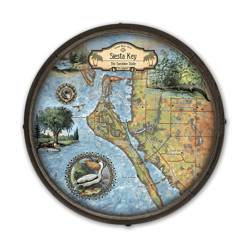 Siesta Key, Florida: Illustrated Map - Barrel End Wall Art – Old Wood Signs