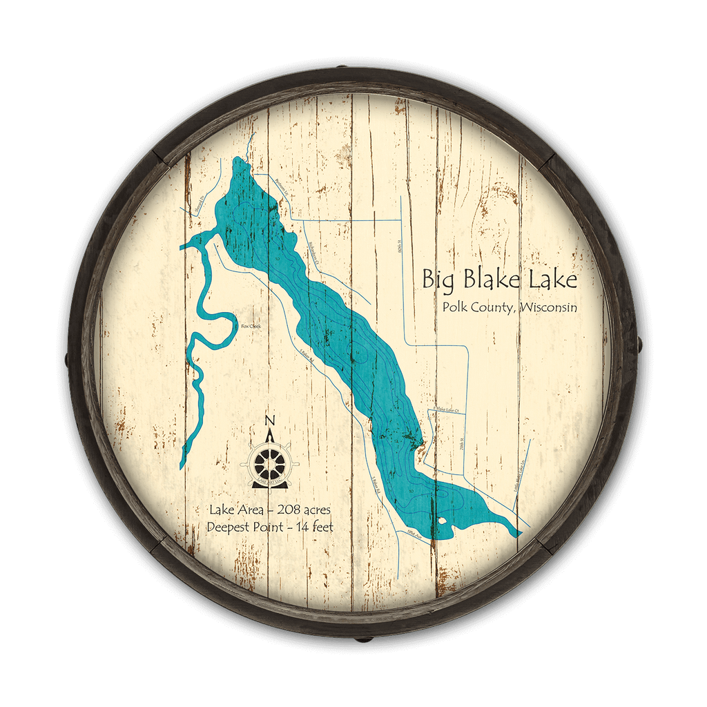 Big Blake Lake, Wisconsin on a Barrel End – Old Wood Signs