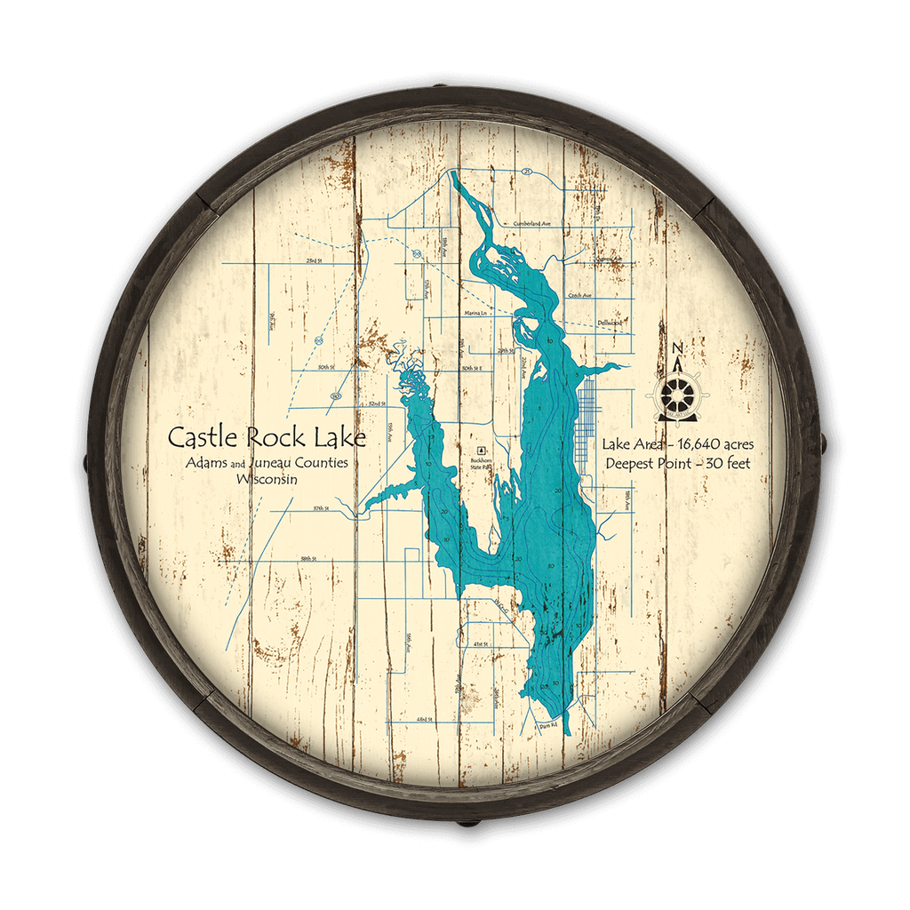 Castle Rock Lake, Wisconsin on a Barrel End – Old Wood Signs