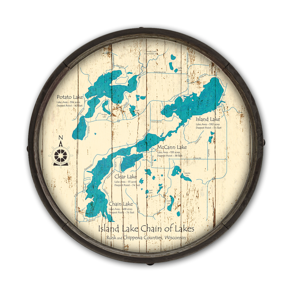Island Lake Chain of Lakes, Wisconsin on a Barrel End – Old Wood Signs