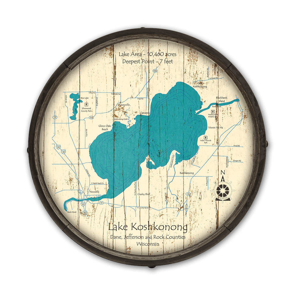 Lake Koshkonong, Wisconsin on a Barrel End – Old Wood Signs