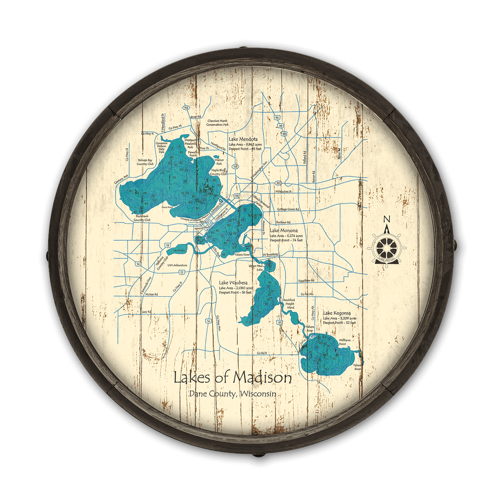 Lakes of Madison, Wisconsin on a Barrel End – Old Wood Signs