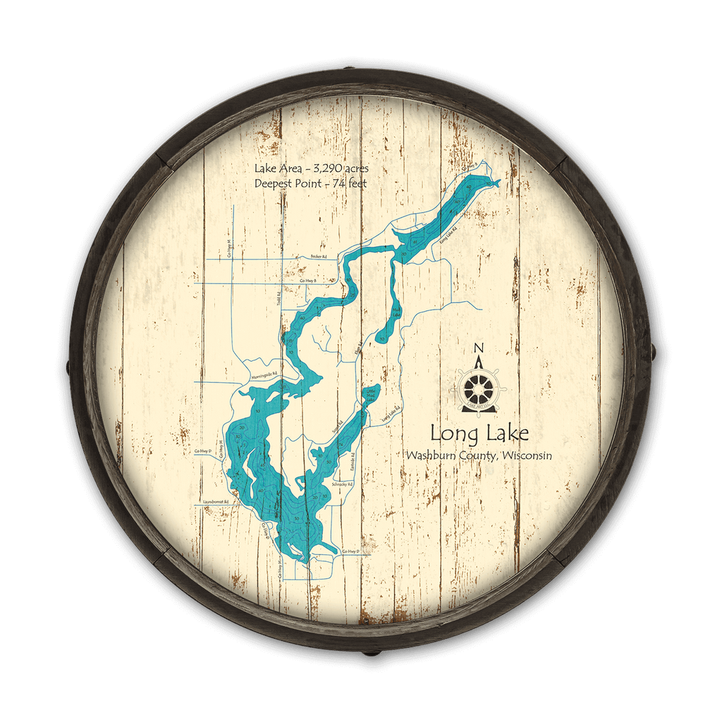 Long Lake, Waushburn County, Wisconsin on a Barrel End – Old Wood Signs