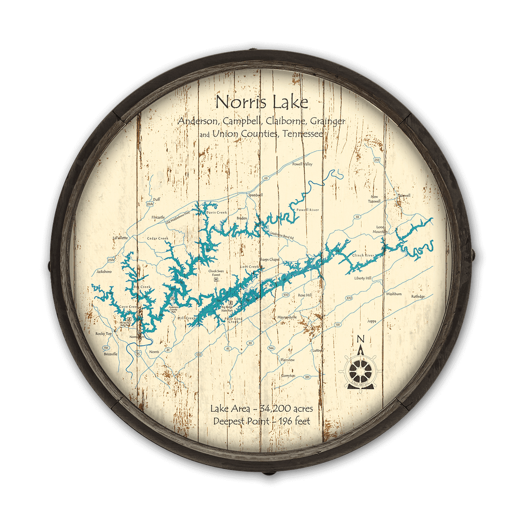 Norris Lake, Tennessee on a Barrel End – Old Wood Signs