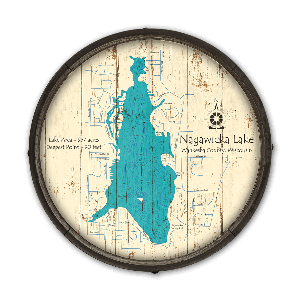 Nagawicka Lake, Wisconsin on a Barrel End – Old Wood Signs
