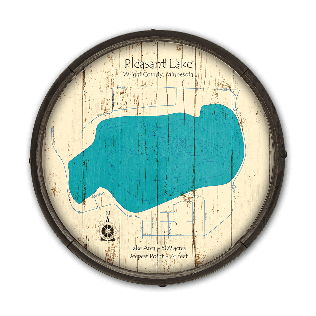 Pleasant Lake, Minnesota on a Barrel End – Old Wood Signs