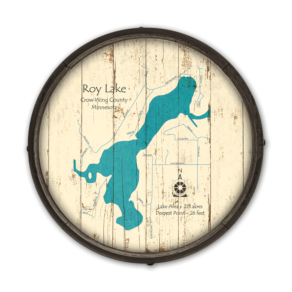 Roy Lake, Minnesota on a Barrel End – Old Wood Signs