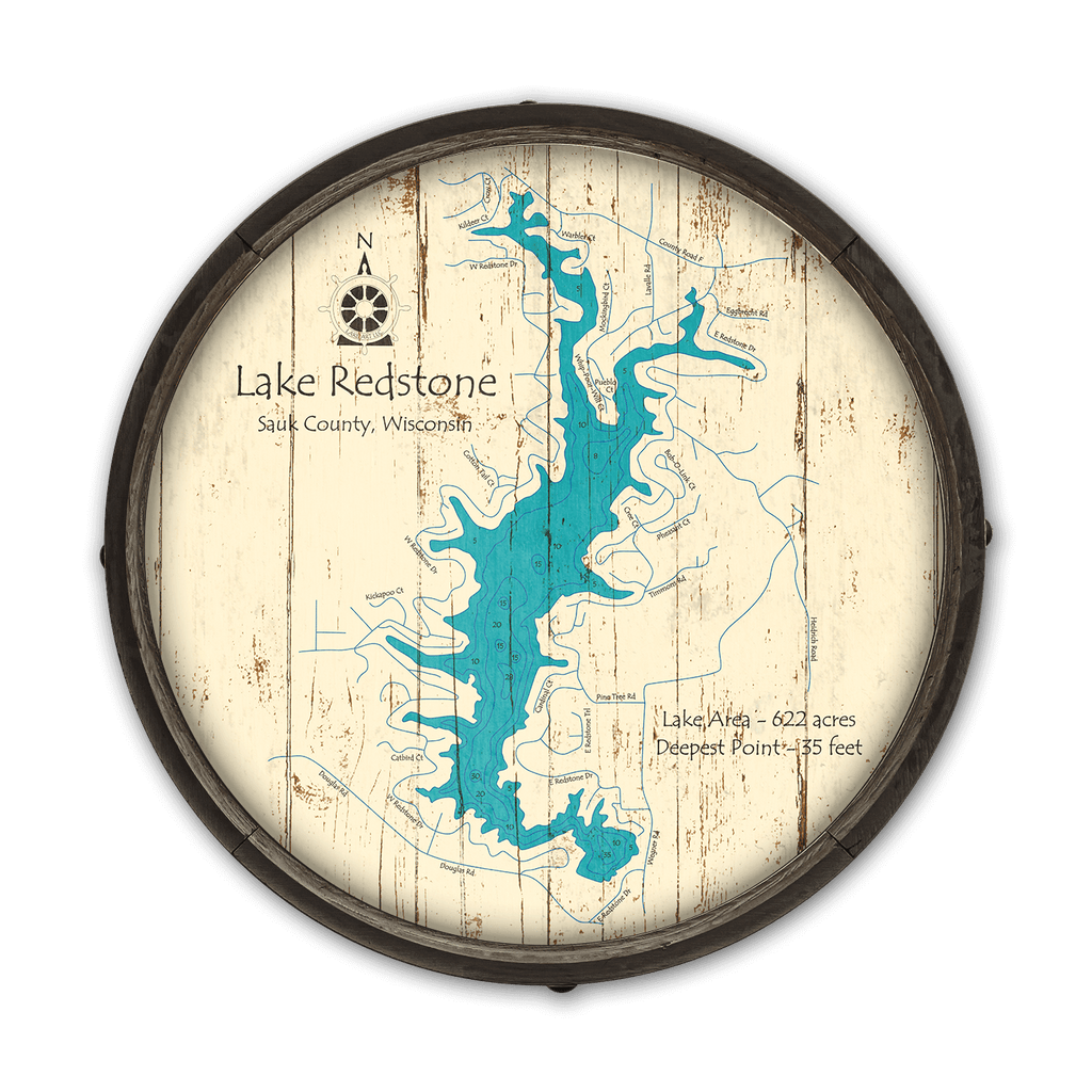Lake Redstone, Wisconsin on a Barrel End – Old Wood Signs