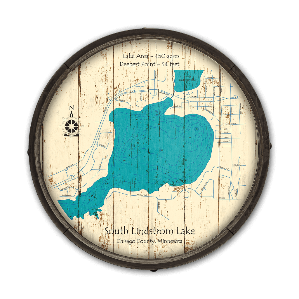 South Lindstrom Lake, Minnesota on a Barrel End – Old Wood Signs