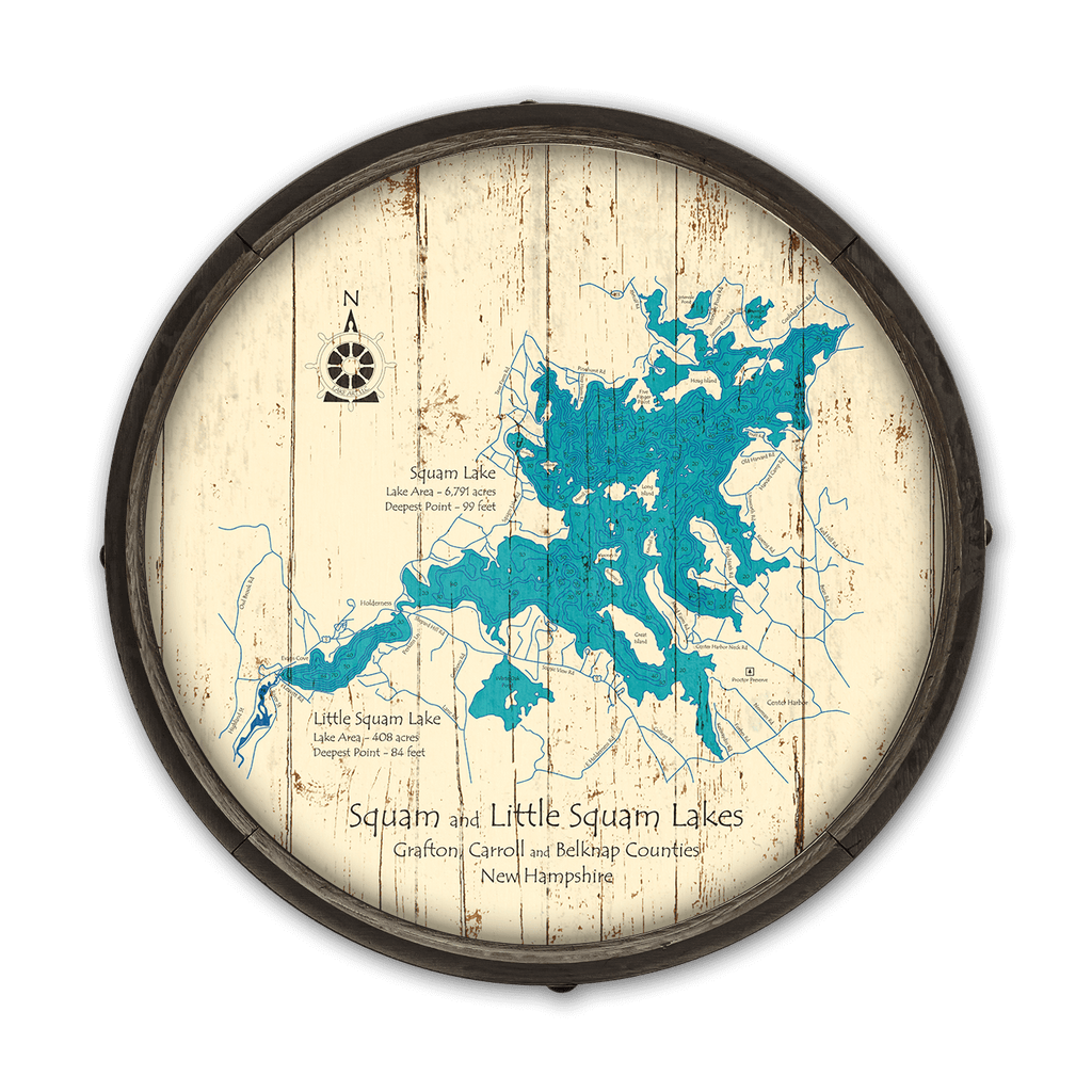 Squam & Little Squam Lakes, New Hampshire on a Barrel End – Old Wood Signs