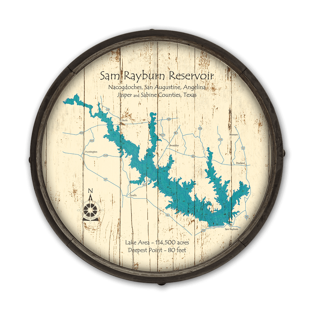 Sam Rayburn Reservoir, Texas on a Barrel End – Old Wood Signs