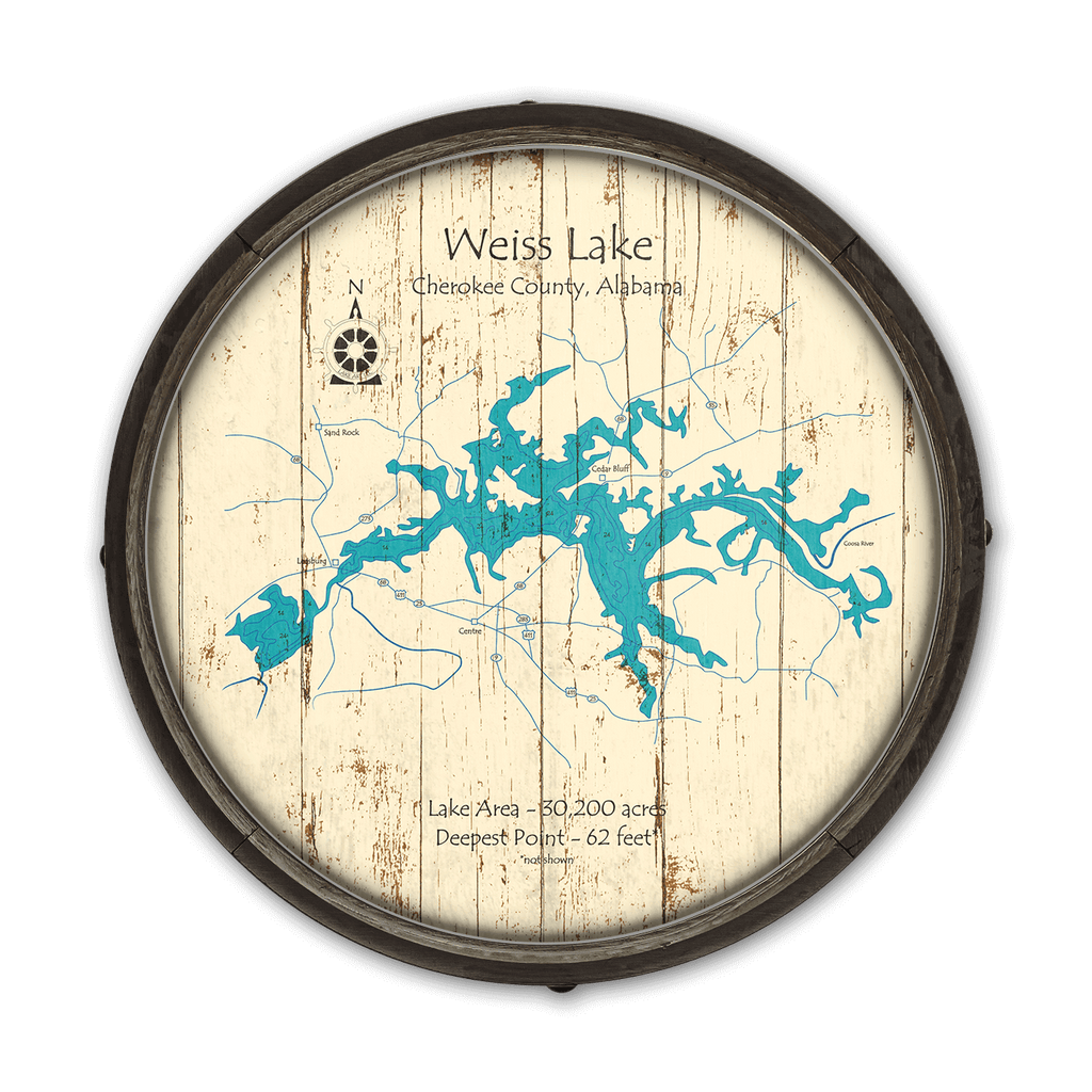 Weiss Lake, Alabama on a Barrel End – Old Wood Signs
