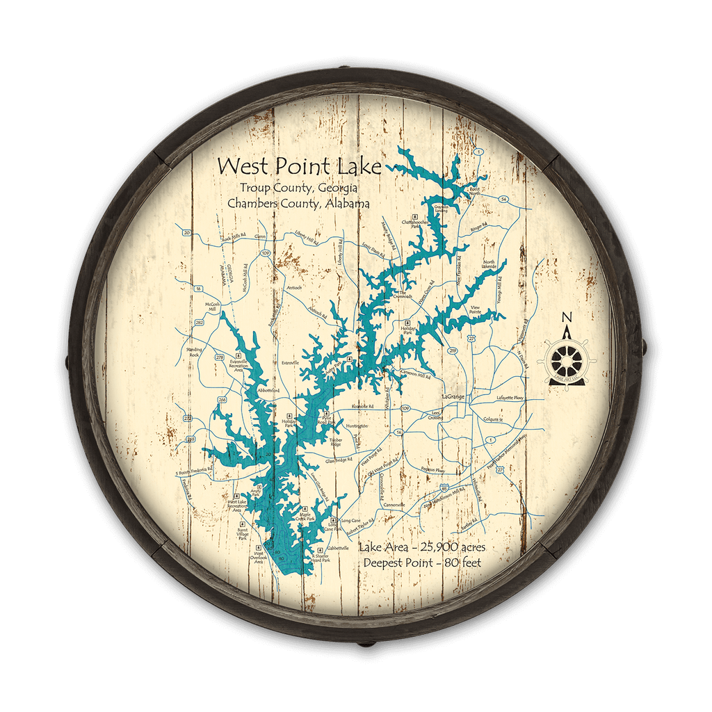 West Point Lake, Georgia/Alabama on a Barrel End – Old Wood Signs