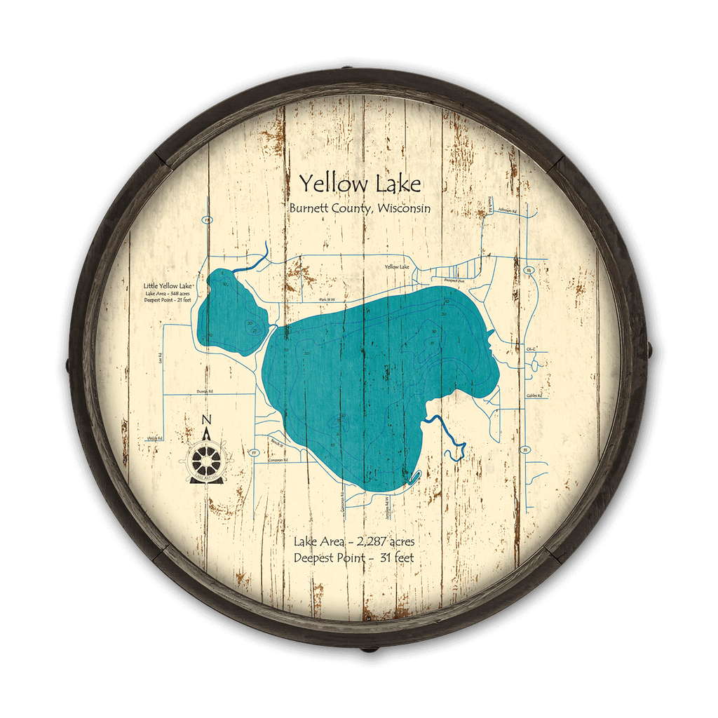 Yellow Lake, Wisconsin on a Barrel End – Old Wood Signs