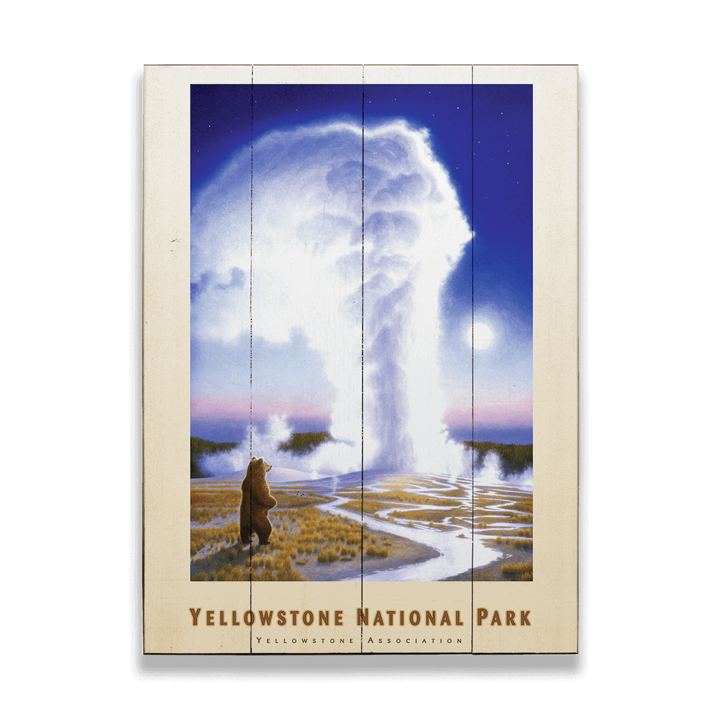 Yellowstone National Park Grizzly and Geyser - Wood & Metal Wall Art ...