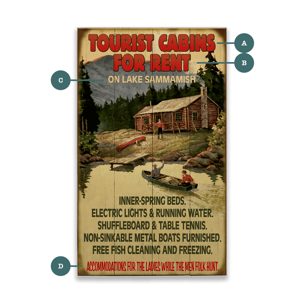 Tourist Cabins for Rent - Wood & Metal Wall Art – Old Wood Signs