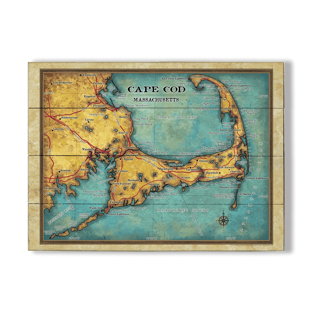 Cape Cod, Massachusetts Vintage Map - Wood & Metal Wall Art – Old Wood ...
