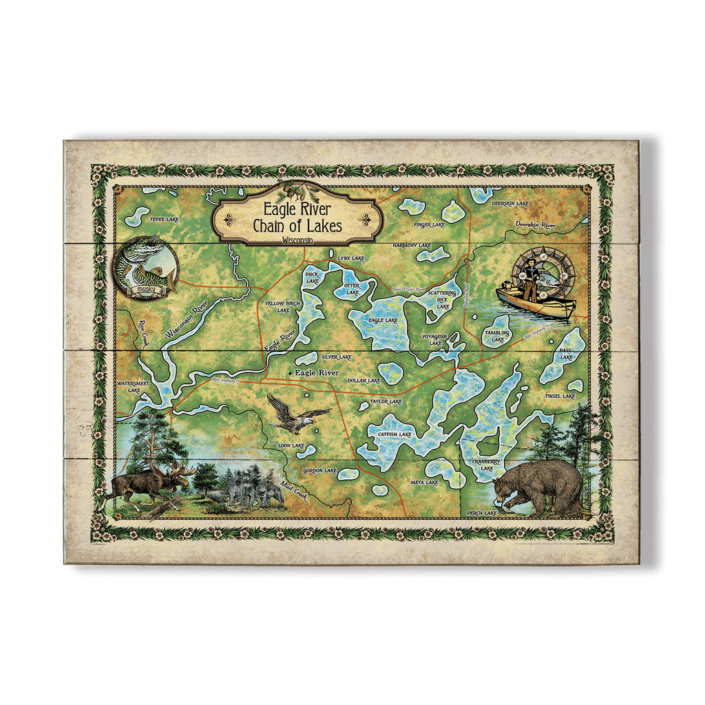 Eagle River Chain of Lakes: Illustrated Map - Wood & Metal Wall Art ...