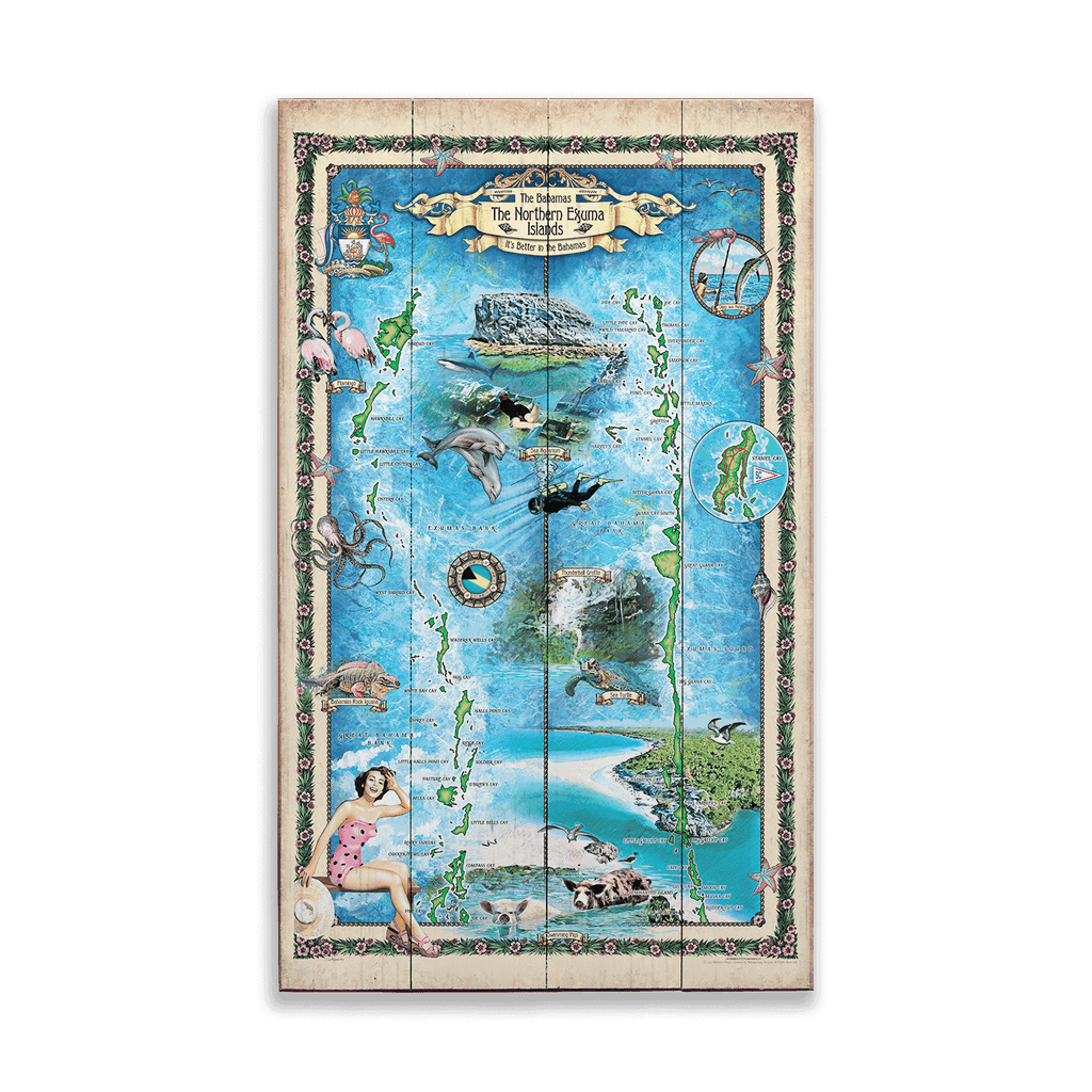 The Northern Exuma Islands, Bahamas: Illustrated Map - Wood & Metal Wa ...