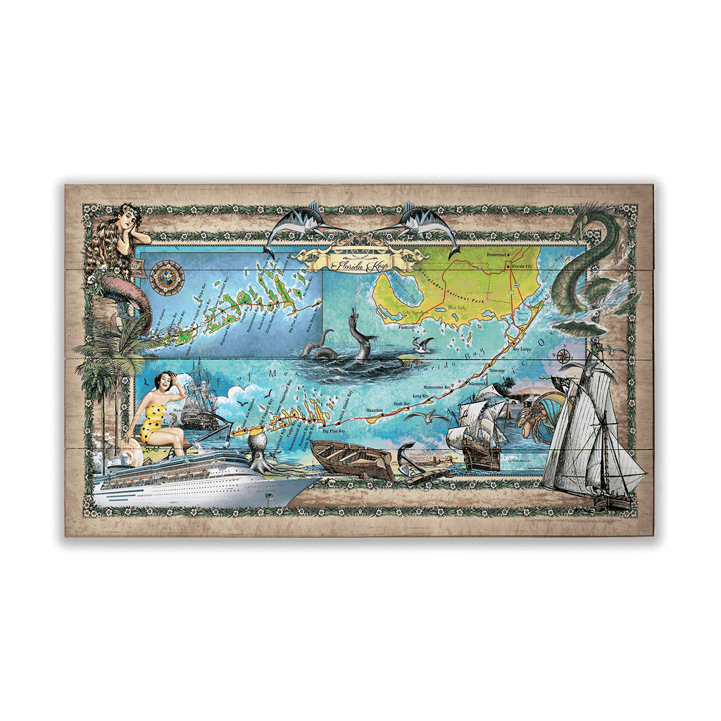 The Florida Keys: Illustrated Map - Wood & Metal Wall Art – Old Wood Signs
