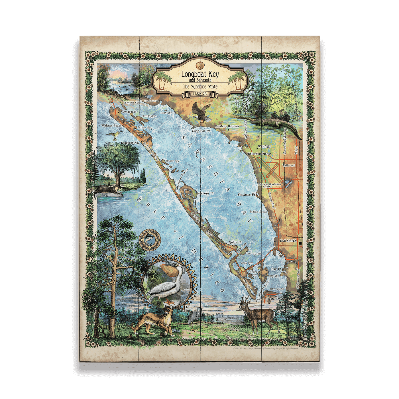 Longboat Key, Florida: Illustrated Map - Wood & Metal Wall Art – Old ...