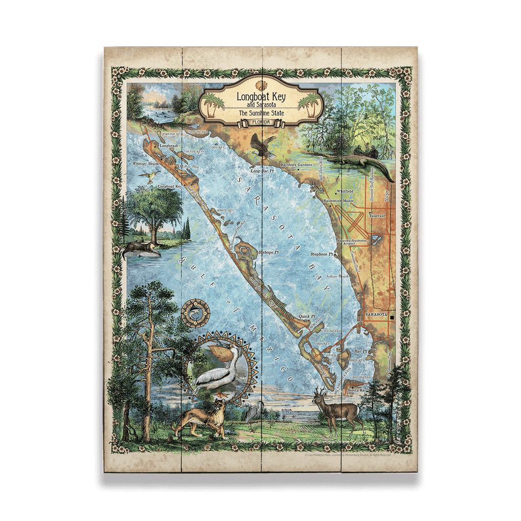Longboat Key, Florida: Illustrated Map - Wood & Metal Wall Art – Old ...