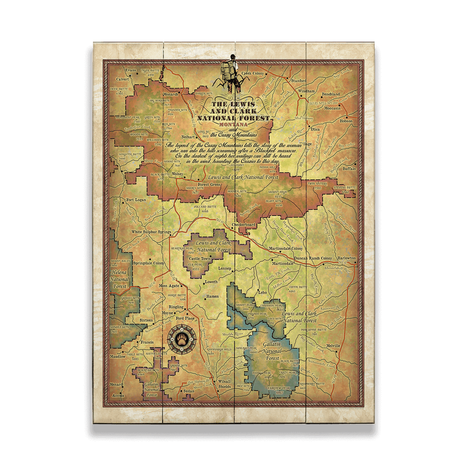 Lewis and Clark National Forest: Illustrated Map - Wood & Metal Wall A – Old Wood Signs
