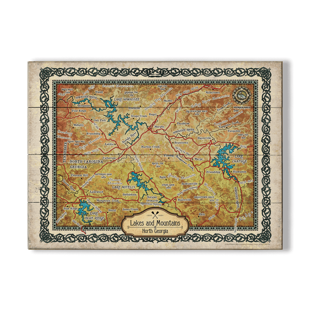 Lakes and Mountains of North Georgia: Illustrated Map - Wood & Metal W ...