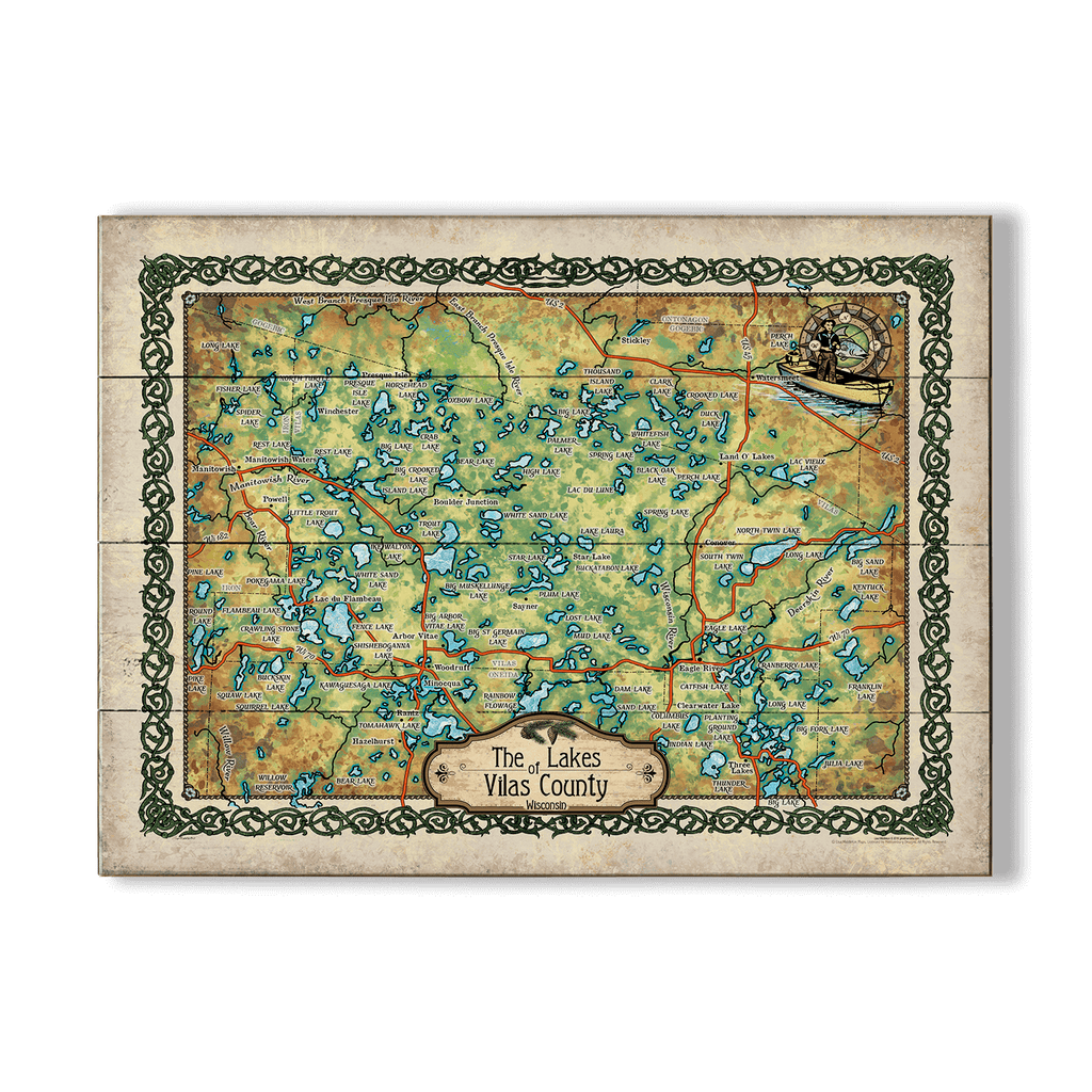 The Lakes of Vilas County, Wisconsin: Illustrated Map - Wood & Metal W ...
