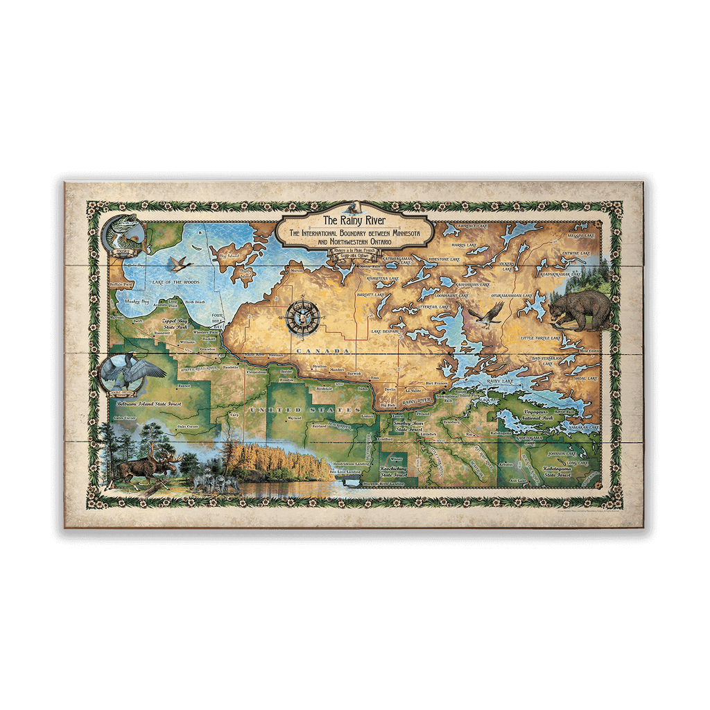 The Rainy River: Illustrated Map - Wood & Metal Wall Art – Old Wood Signs
