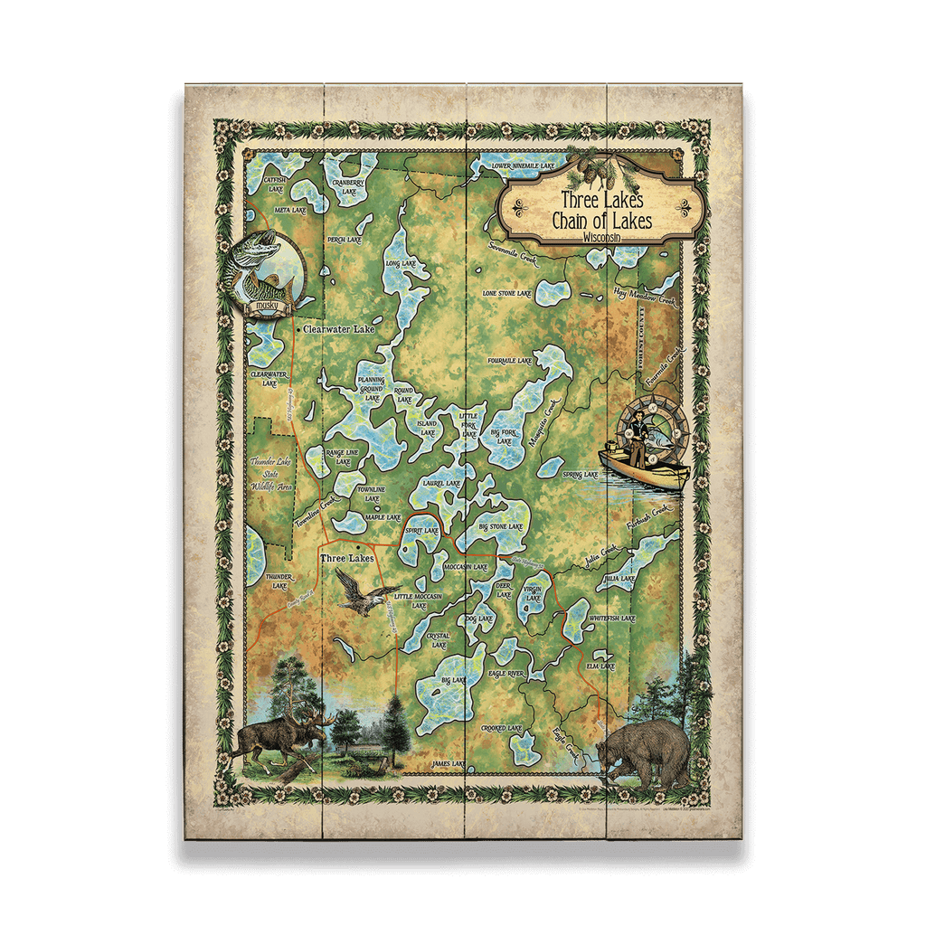 Three Lakes Chain of Lakes, Wisconsin: Illustrated Map - Wood & Metal ...