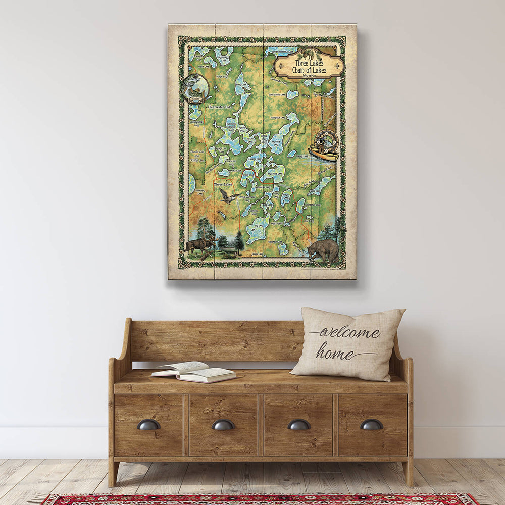 Three Lakes Chain of Lakes, Wisconsin: Illustrated Map - Wood & Metal ...