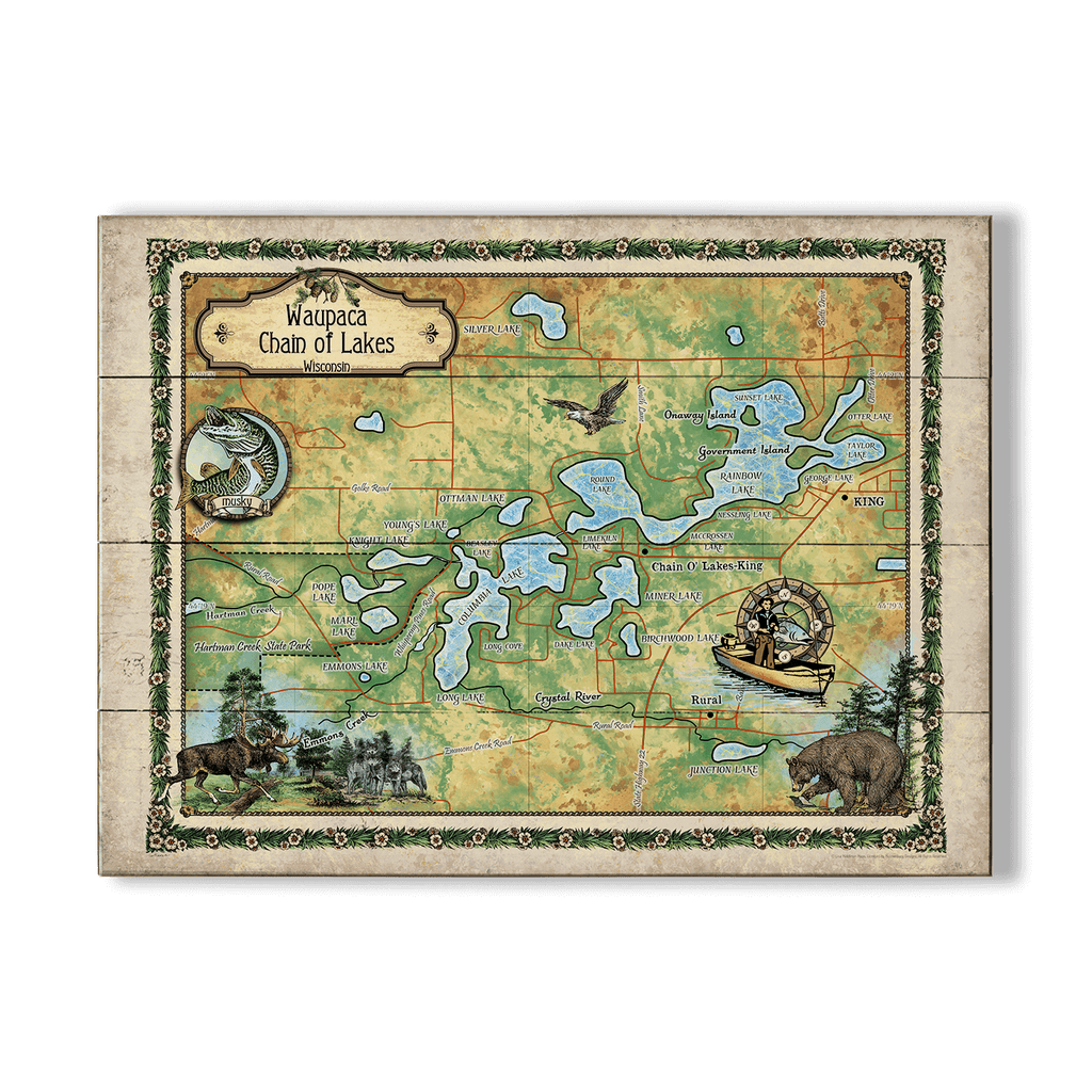 Waupaca Chain of Lakes, Wisconsin: Illustrated Map - Wood & Metal Wall ...