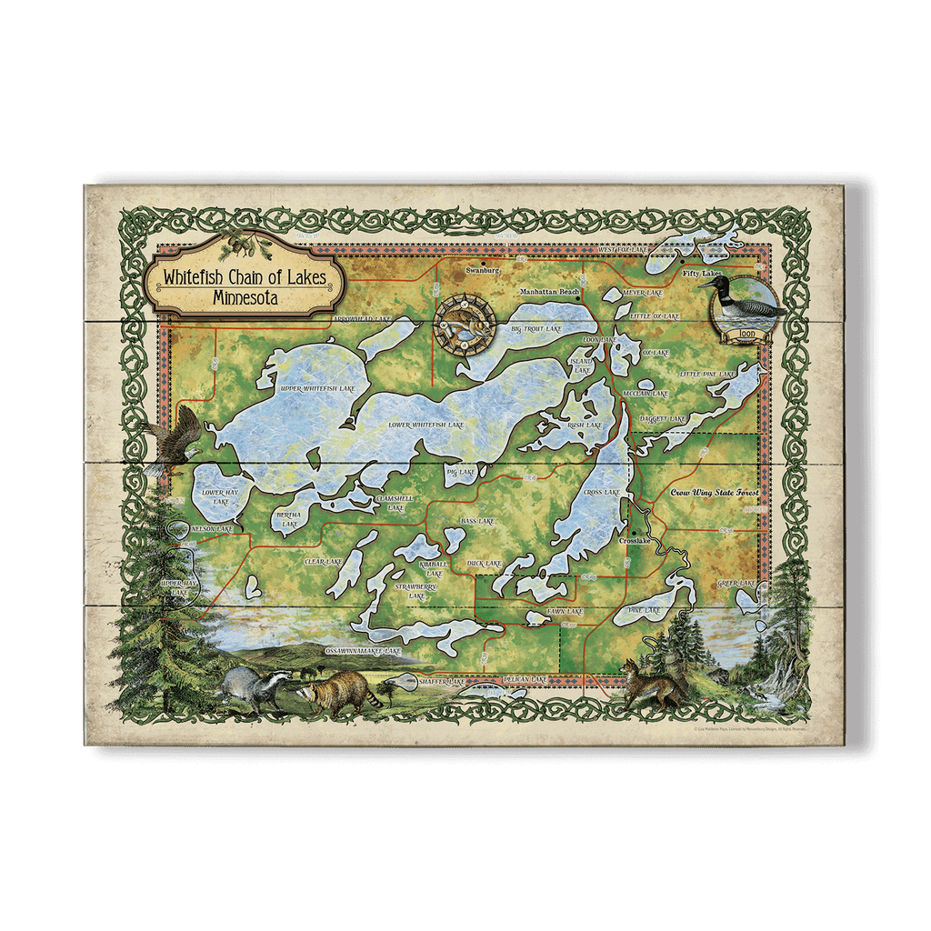 Whitefish Chain of Lakes, Minnesota: Illustrated Map - Wood & Metal Wa ...