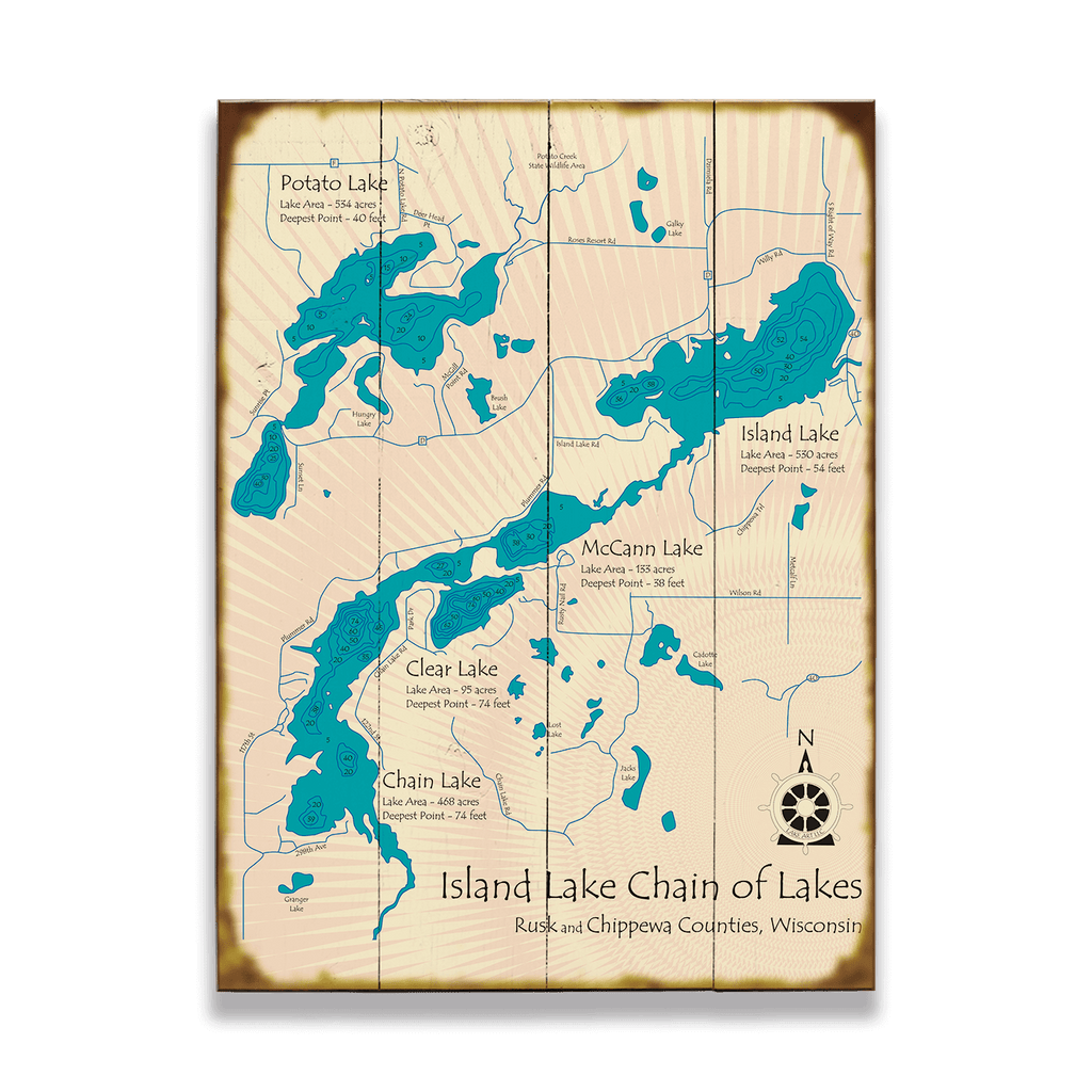 Island Lake Chain of Lakes, Wisconsin - Wood & Metal Wall Art – Old ...