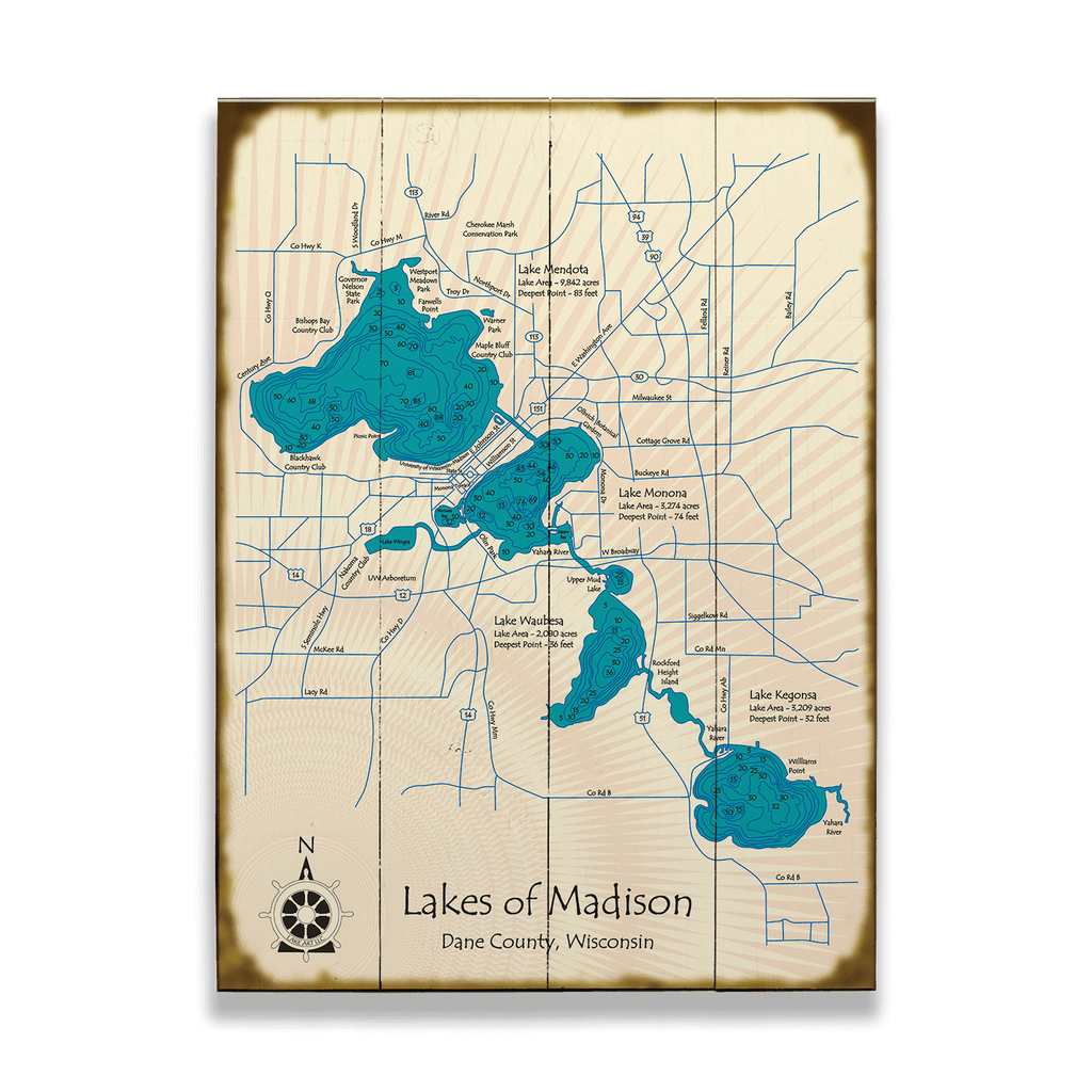 Lakes of Madison, Wisconsin - Wood & Metal Wall Art – Old Wood Signs