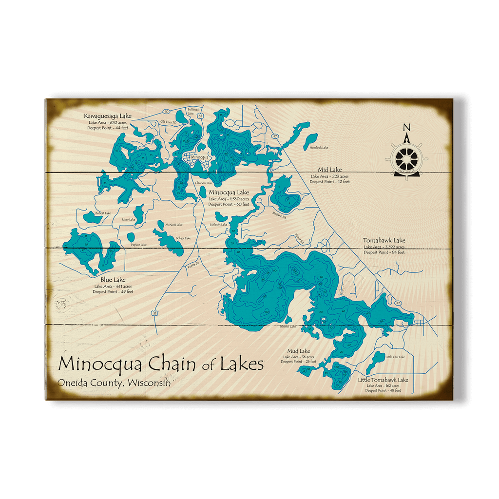 Minocqua Chain of Lakes, Wisconsin - Wood & Metal Wall Art – Old Wood Signs